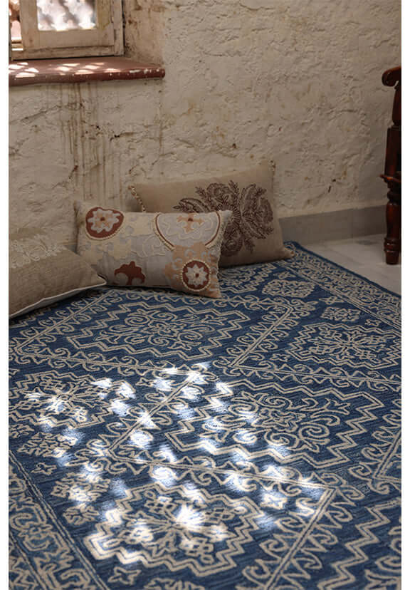 Reeva: Lovely blue perisan rug with repeated motifs reimagined with a ...