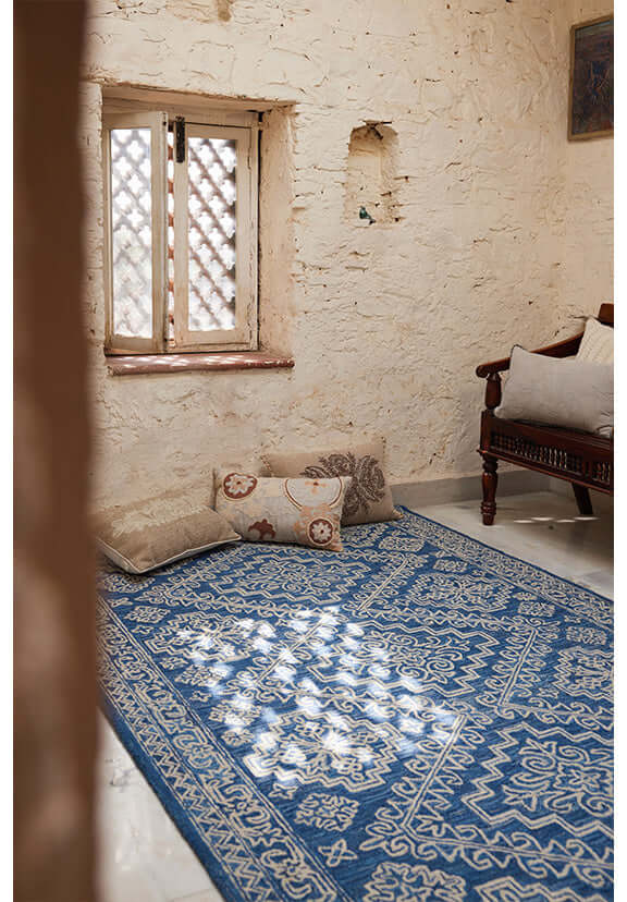 Reeva: Lovely blue perisan rug with repeated motifs reimagined with a ...