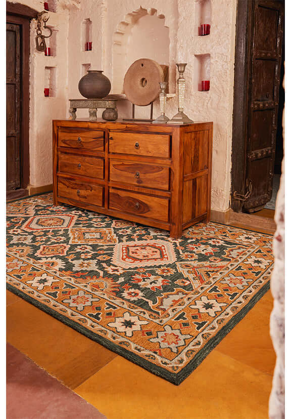 Yamini: Inspired by oushak and khotan motifs, this bottle green rug is ...